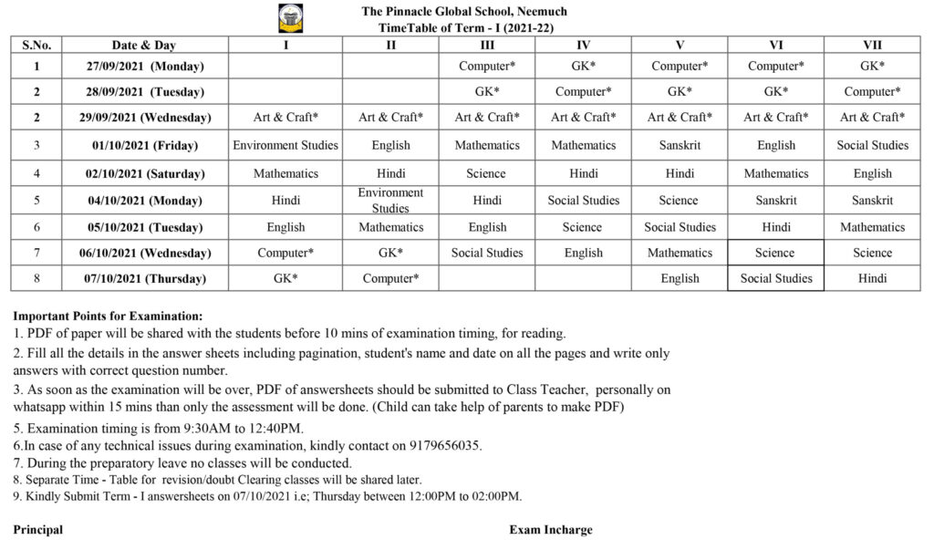 Term I Time Table 2021 22 The Pinnacle Global School